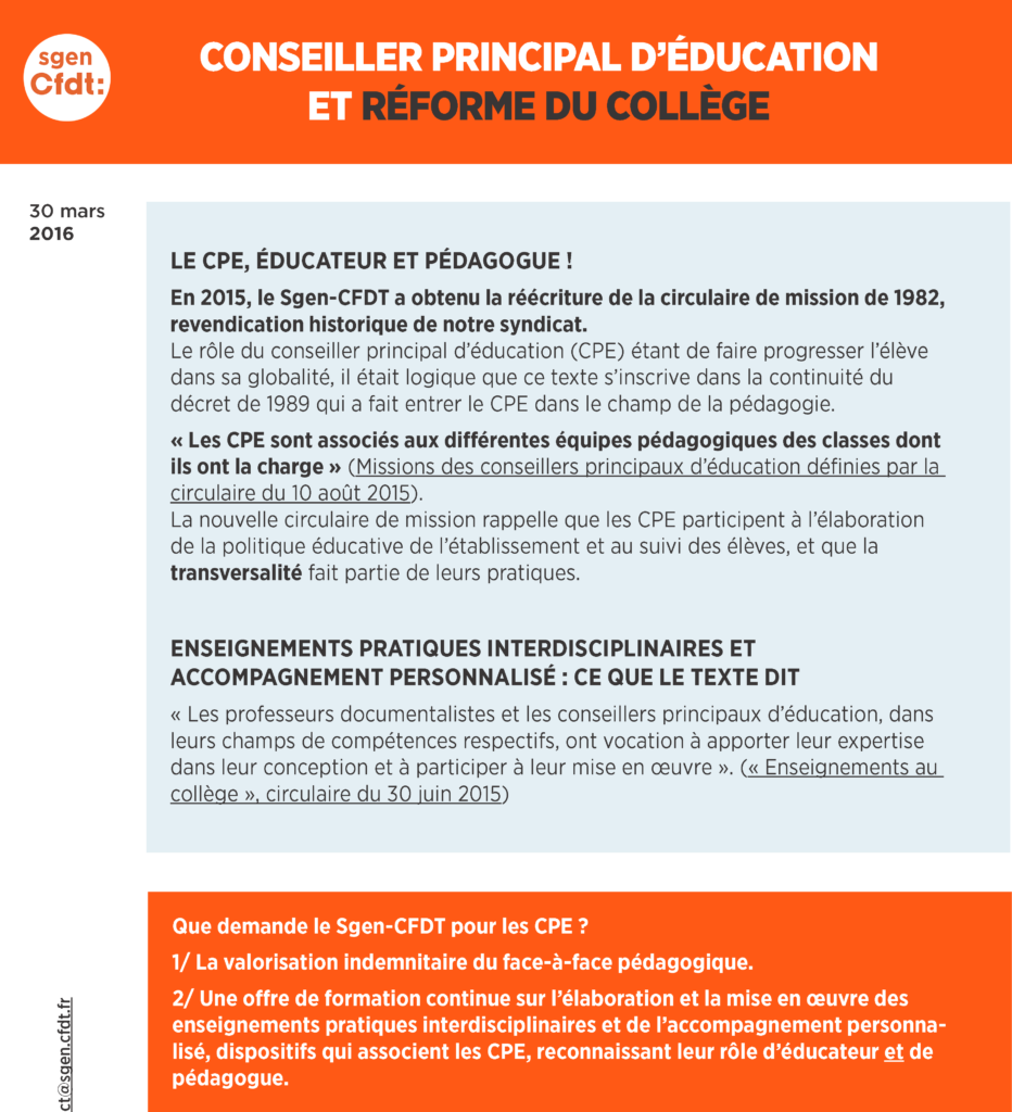 CPE - Conseiller principal d'éducation et réforme du collège ...