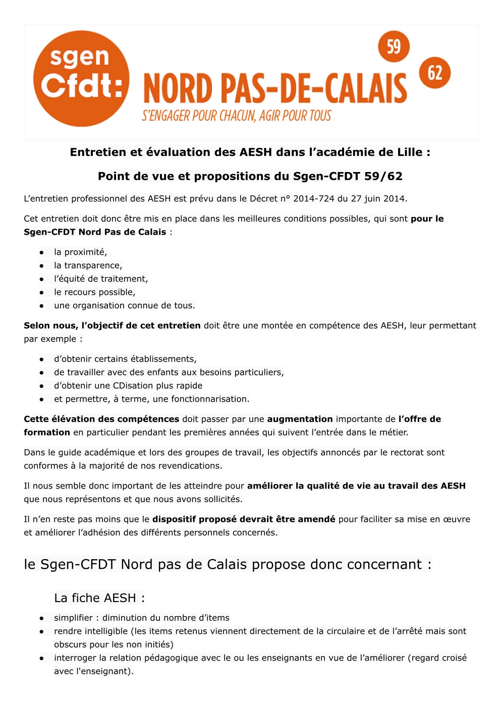 propositions et positions aesh évaluation - SGEN-CFDT Nord-Pas-de-Calais