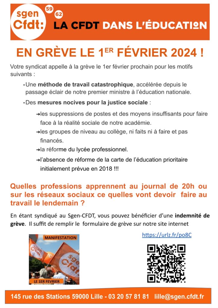 EN GRÈVE LE 1ER FÉVRIER 2024 ! - SGEN-CFDT Nord-Pas-de-Calais